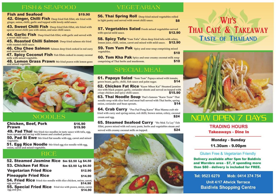 Menu at Yai’s Thai Takeaway & Cafe, Baldivis