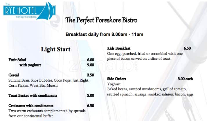 Menu at Rye Hotel cafe, Rye