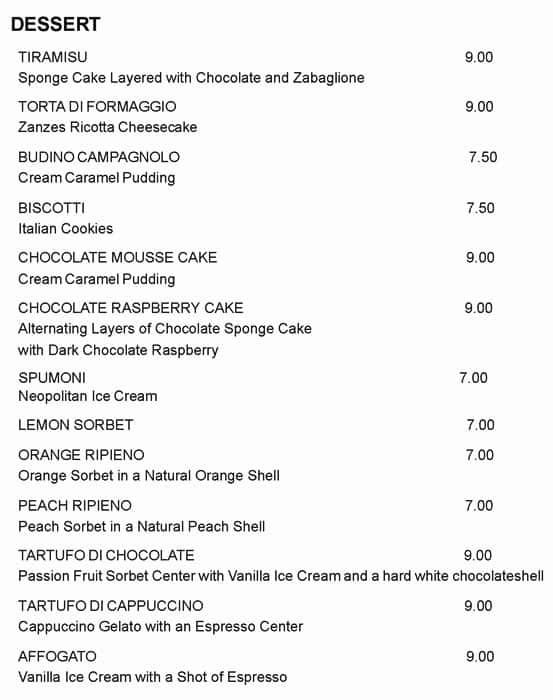 Menu at Firenze By Night restaurant, San Francisco