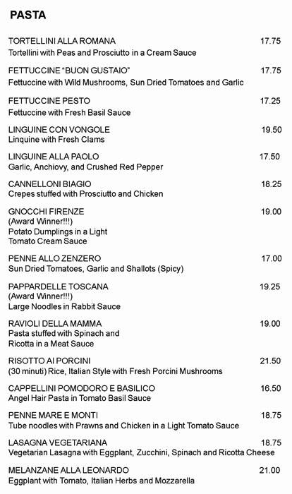 Menu at Firenze By Night restaurant, San Francisco