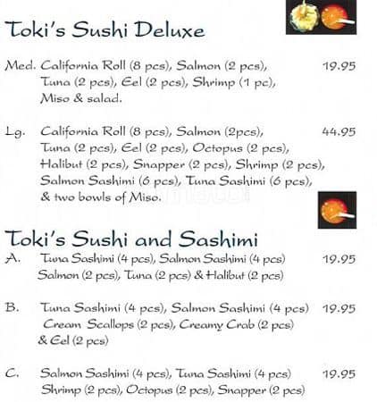 Menu at Toki Sushi and Teriyaki restaurant, Oregon City