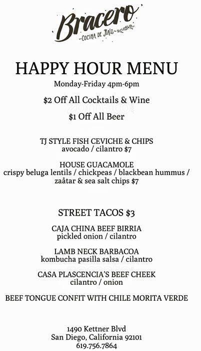 Menu at Bracero restaurant, San Diego, Kettner Blvd