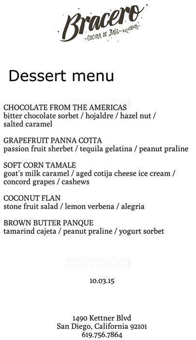 Menu at Bracero restaurant, San Diego, Kettner Blvd