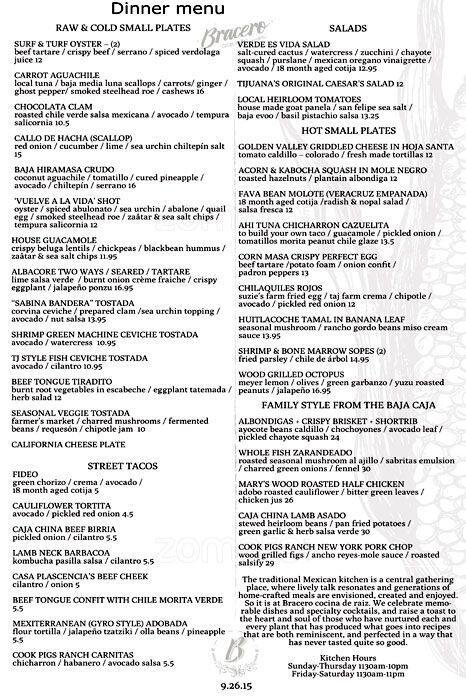Menu at Bracero restaurant, San Diego, Kettner Blvd