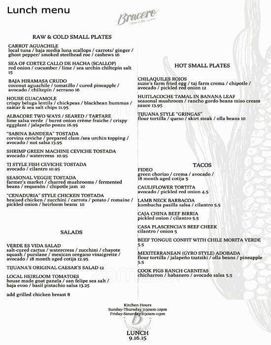 Menu at Bracero restaurant, San Diego, Kettner Blvd