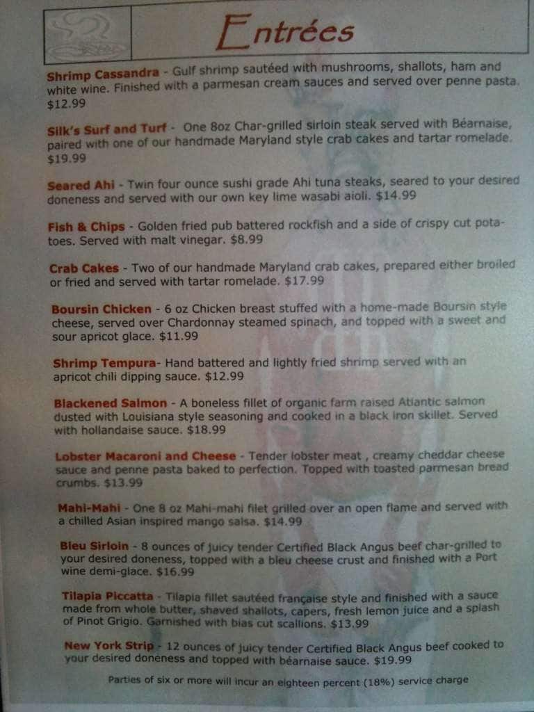 Menu at Silks Restaurant, Havre de Grace