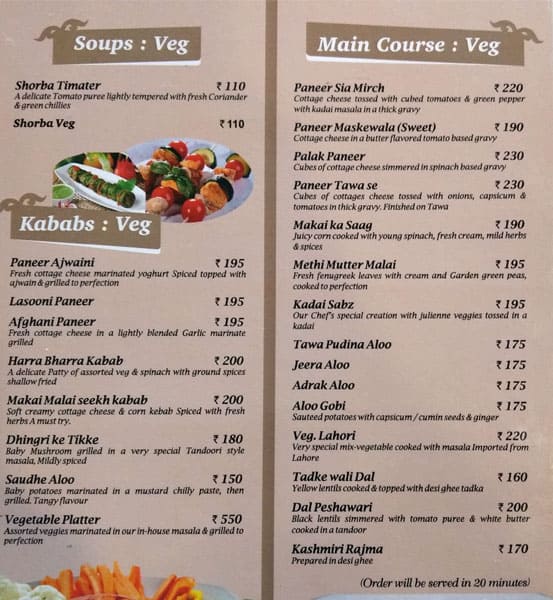 Menu of Kareem's, Dal Gate, Srinagar