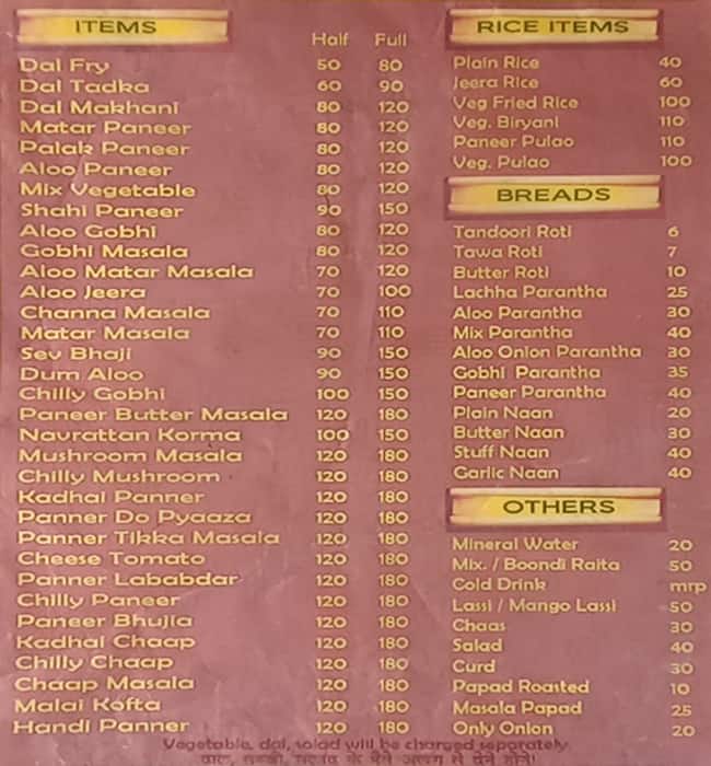 Menu of Nanda Vaishno Dhaba, Paharganj, New Delhi