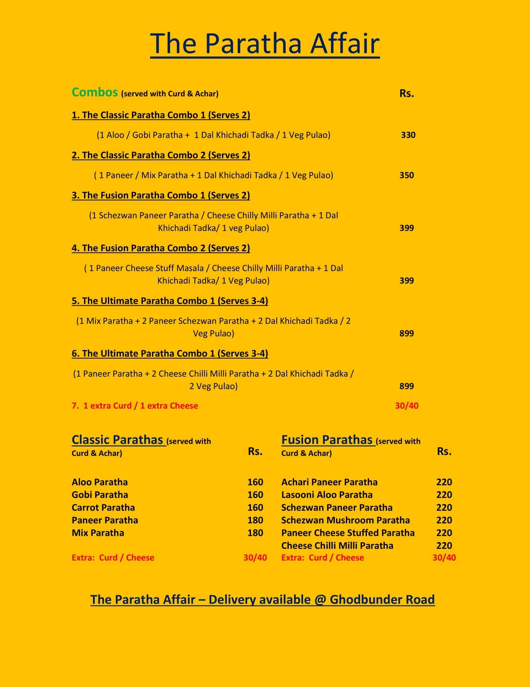 Menu of The Paratha Affair, Kasarvadavli, Thane West, Thane