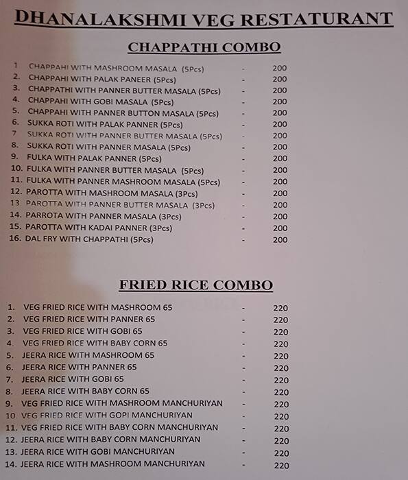 Menu of Dhanalakshmi Veg Restaurant, Pallikaranai, Chennai