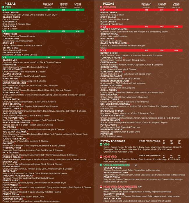 Menu of Joker Joe's, Jogeshwari, Mumbai