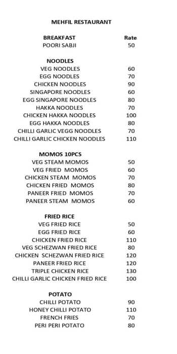 Menu of Mehfil Restaurant, Bannerghatta Road, Bangalore