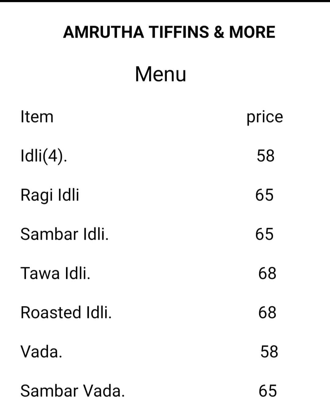 Menu of Amrutha Tiffins & More, Narapally, Hyderabad