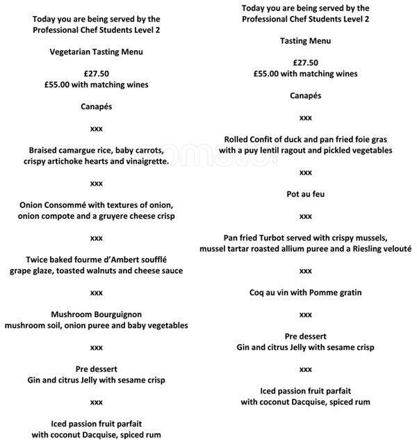 Menu at Vincent Rooms restaurant, London, 76 Vincent Square