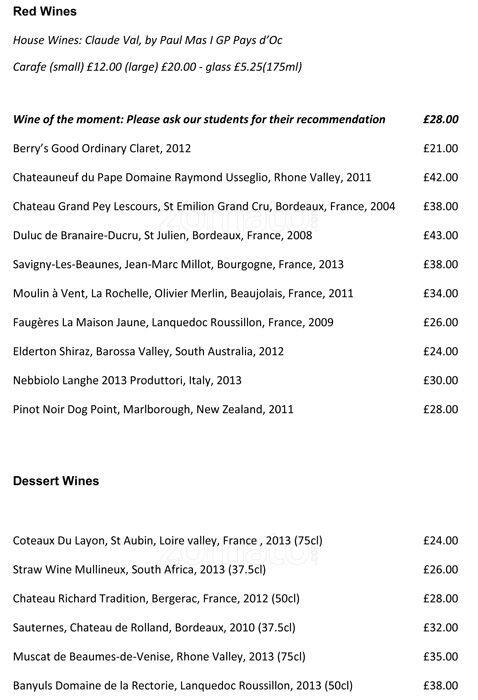 Menu at Vincent Rooms restaurant, London, 76 Vincent Square