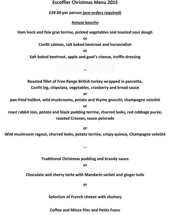 Menu at Vincent Rooms restaurant, London, 76 Vincent Square