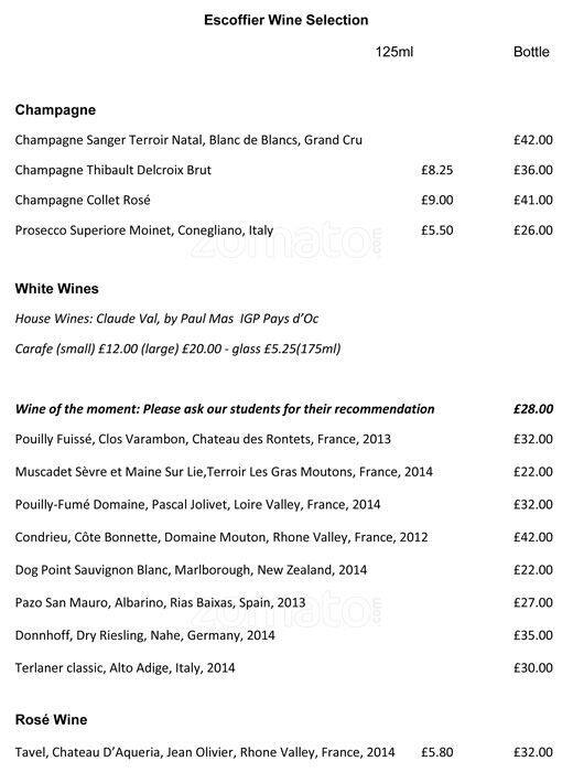 Menu at Vincent Rooms restaurant, London, 76 Vincent Square