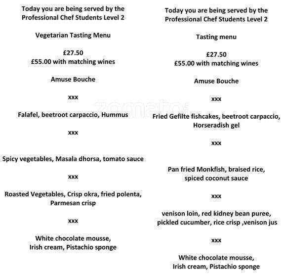 Menu at Vincent Rooms restaurant, London, 76 Vincent Square