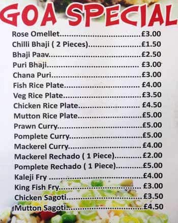 Menu at Jishal Goan restaurant, Wembley