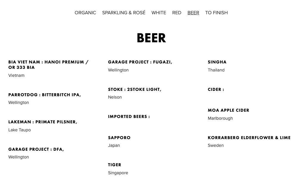 Menu at Apache restaurant, Wellington