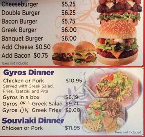 Menu at Alexandros Take-Out restaurant, Toronto, 484 Danforth Ave