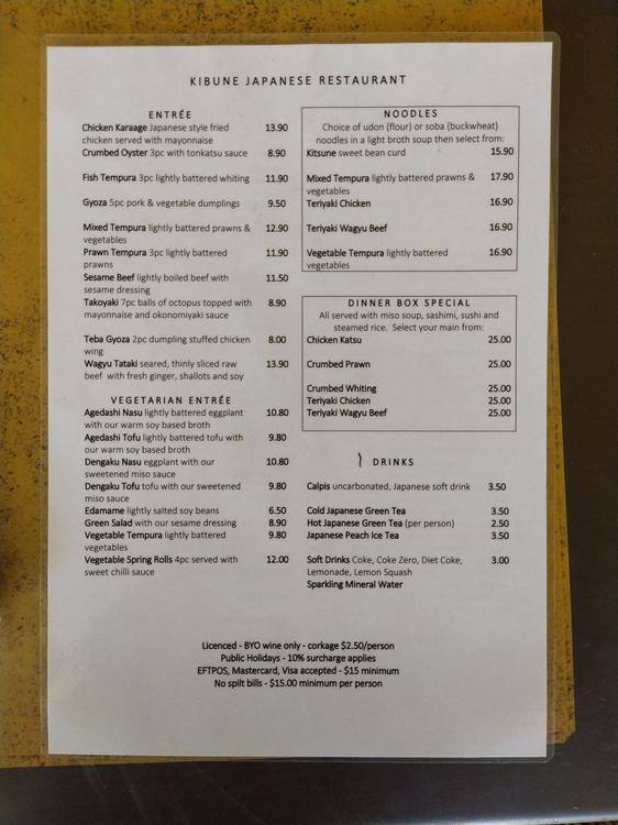 Menu at Kibune Japanese Restaurant, Cremorne
