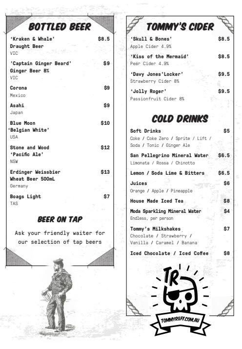 Menu at Tommy Ruff restaurant, Mordialloc