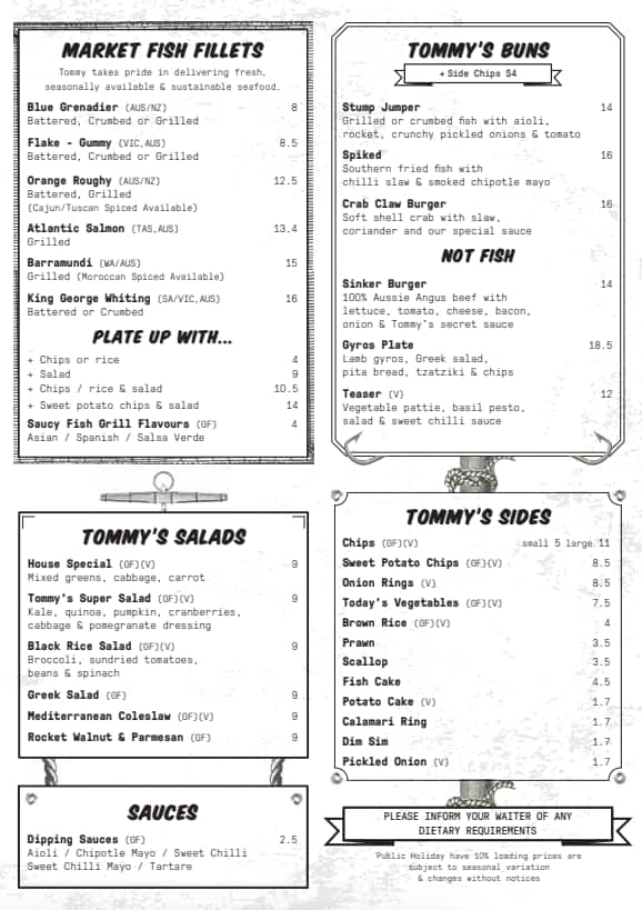 Menu at Tommy Ruff restaurant, Mordialloc