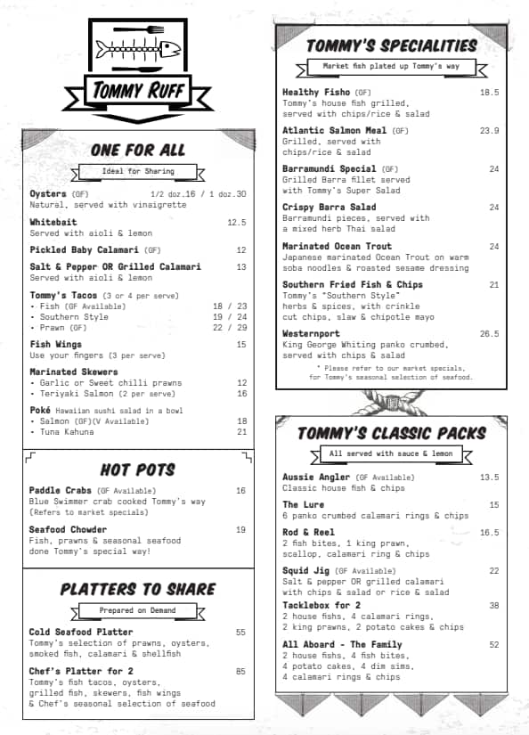 Menu at Tommy Ruff restaurant, Mordialloc