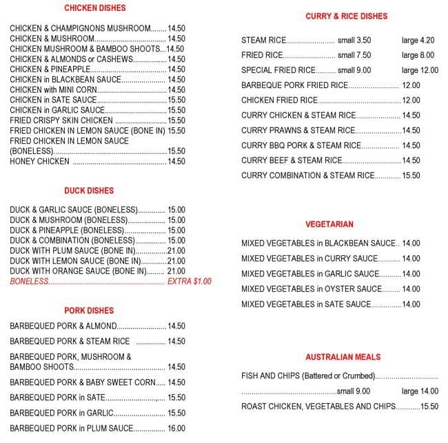 Menu at Wai Young Chinese Restaurant, Innisfail