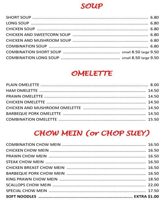 Menu at Wai Young Chinese Restaurant, Innisfail