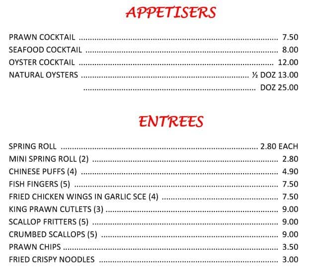 Menu at Wai Young Chinese Restaurant, Innisfail