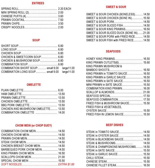 Menu at Wai Young Chinese Restaurant, Innisfail