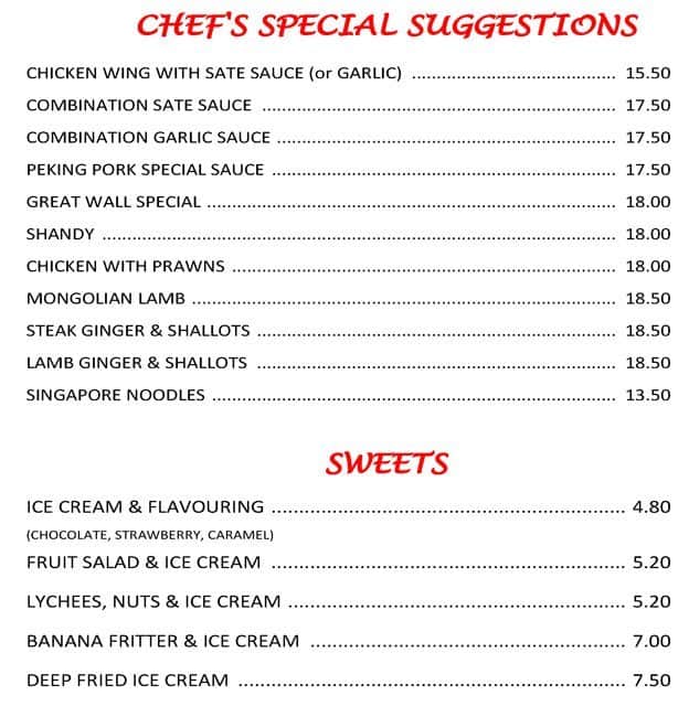 Menu at Wai Young Chinese Restaurant, Innisfail