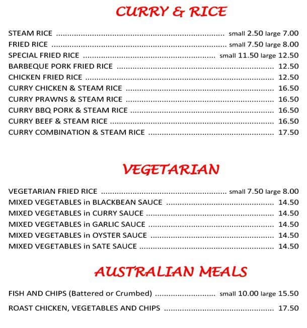 Menu at Wai Young Chinese Restaurant, Innisfail