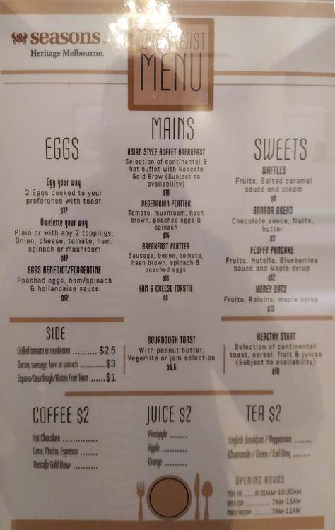 Menu at Orient Heritage restaurant, Melbourne