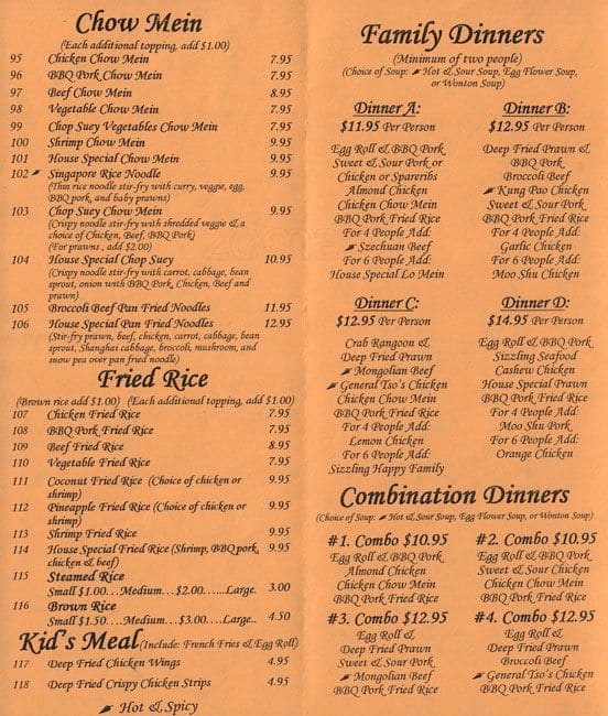 Menu at Chopsticks House restaurant, Lake Stevens