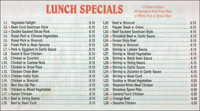 Menu at Keilly Chinese Restaurant, New York City, 132-11B 14th Ave