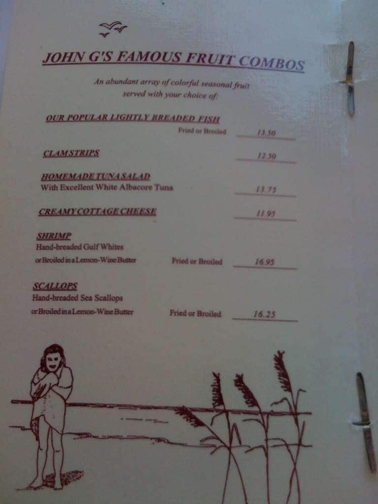 Menu at John G's restaurant, Manalapan, 264 S Ocean Blvd