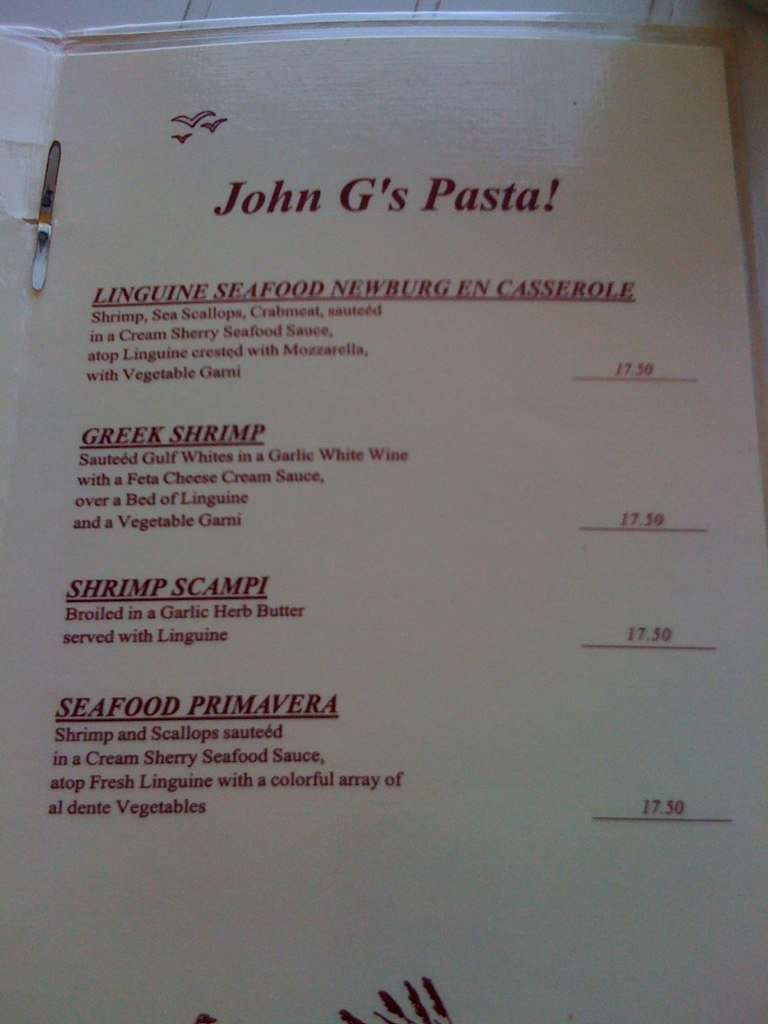 Menu at John G's restaurant, Manalapan, 264 S Ocean Blvd