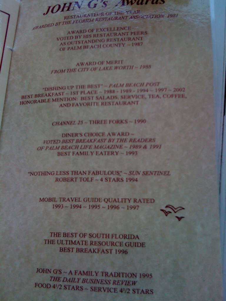 Menu at John G's restaurant, Manalapan, 264 S Ocean Blvd