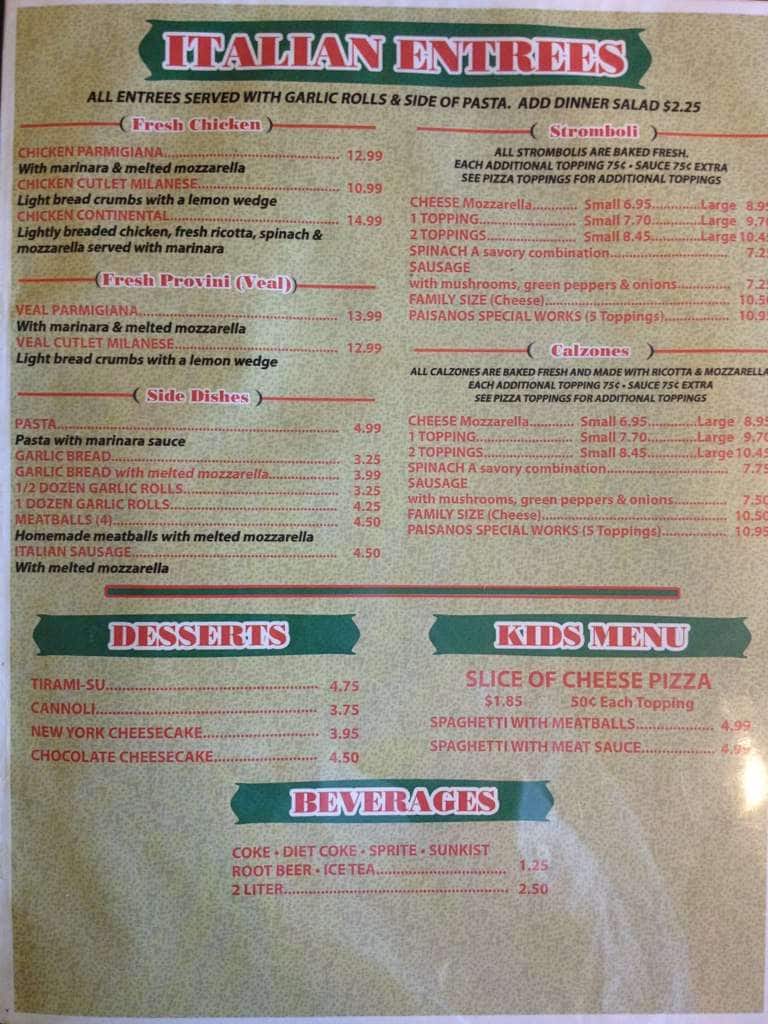 Menu at Paisano's Pizza pizzeria, West Palm Beach