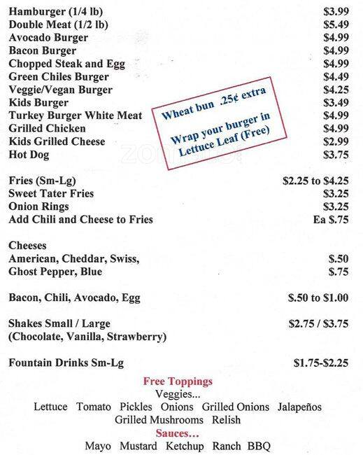 Menu at deep south burger restaurant, Dallas