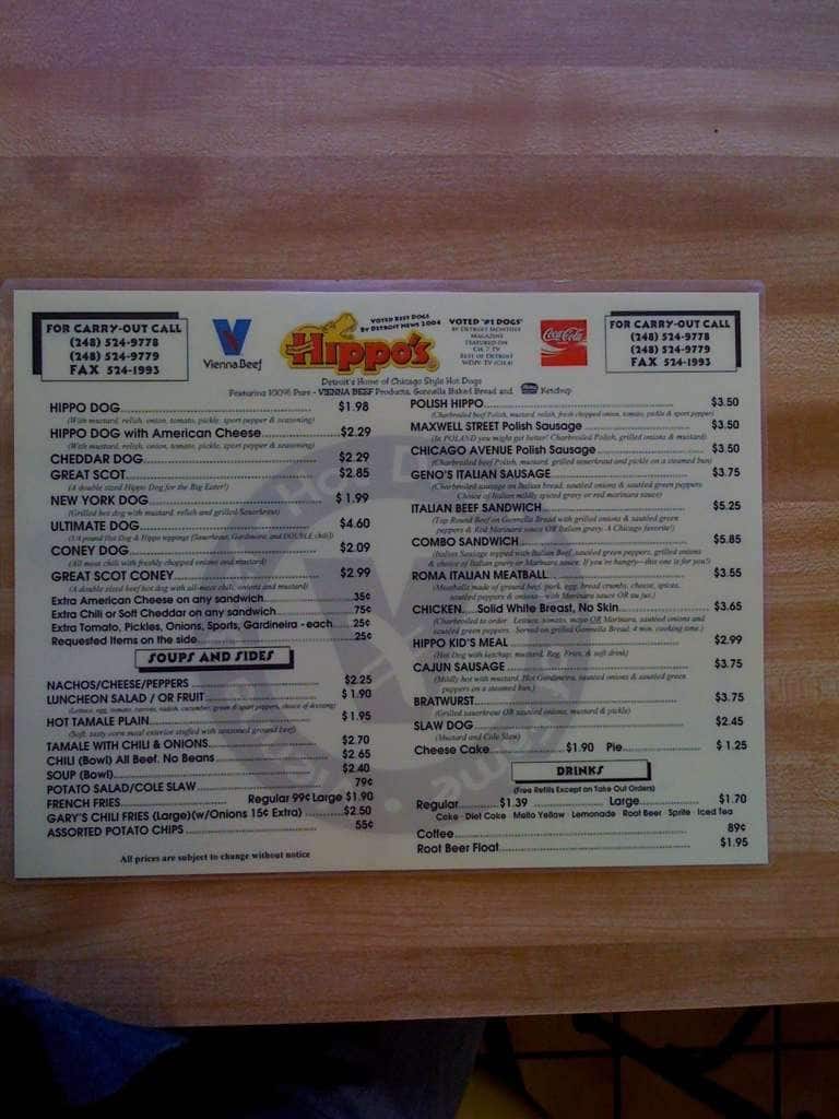 Menu at Hippo's restaurant, Troy, Rochester Rd
