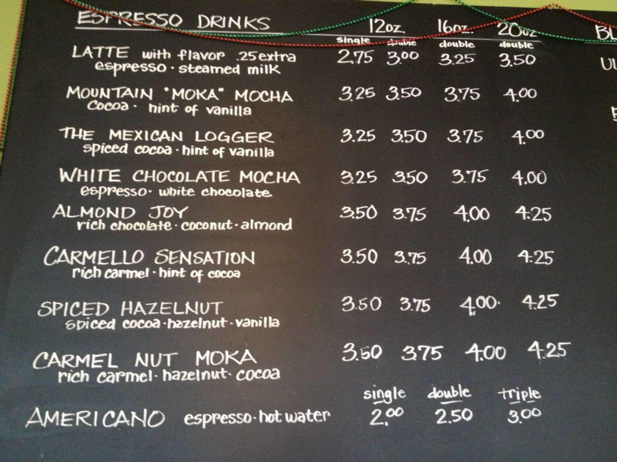 Menu at Mountain Moka cafe, Sandy