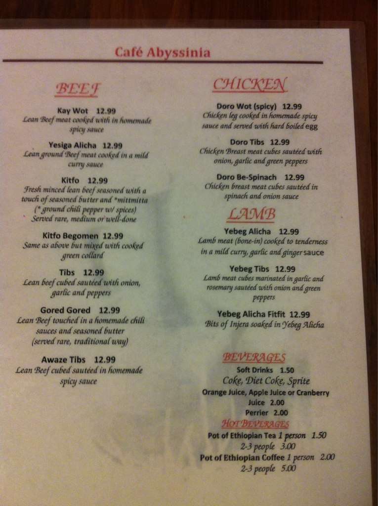 Menu at Cafe Abyssinia, New Orleans, Magazine St