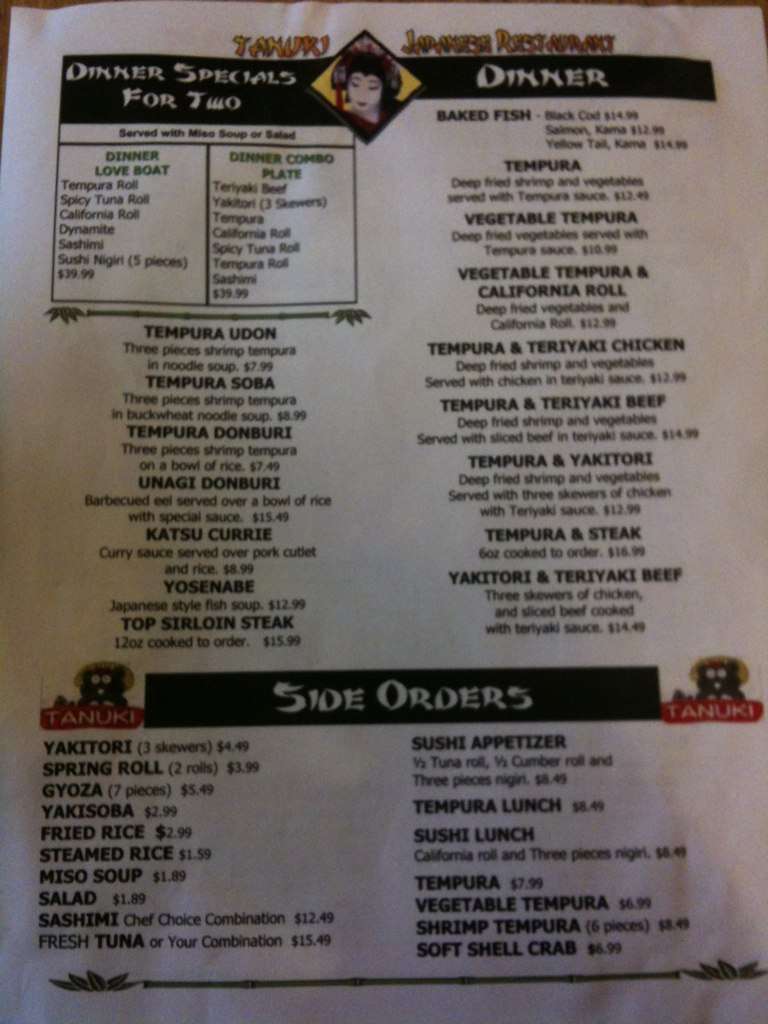 Menu at Tanuki Sushi Bar & Garden, Sierra Vista