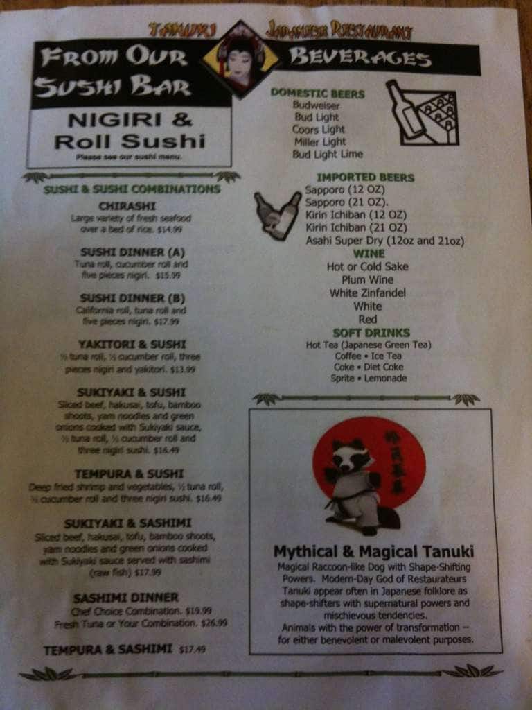 Menu at Tanuki Sushi Bar & Garden, Sierra Vista
