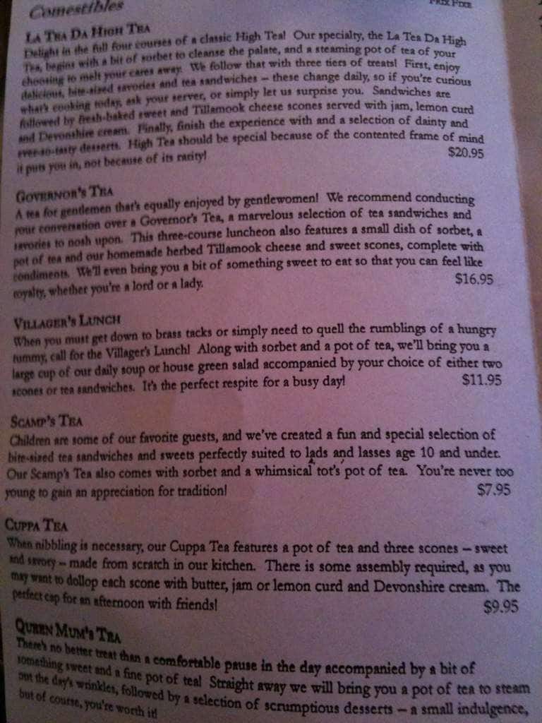 Menu at La Tea Da restaurant, Tillamook