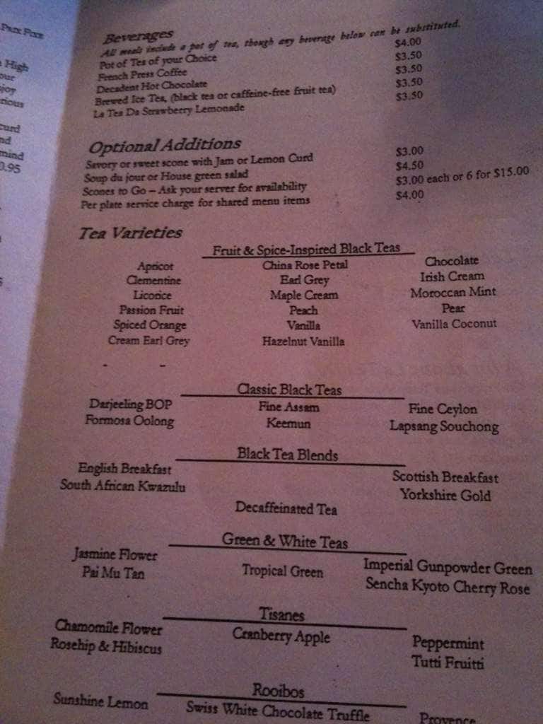 Menu at La Tea Da restaurant, Tillamook